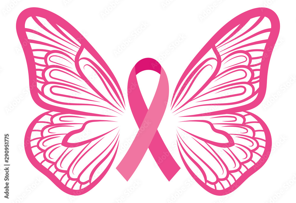 Pink ribbon with butterfly wings. Breast Cancer Awareness Ribbon ...