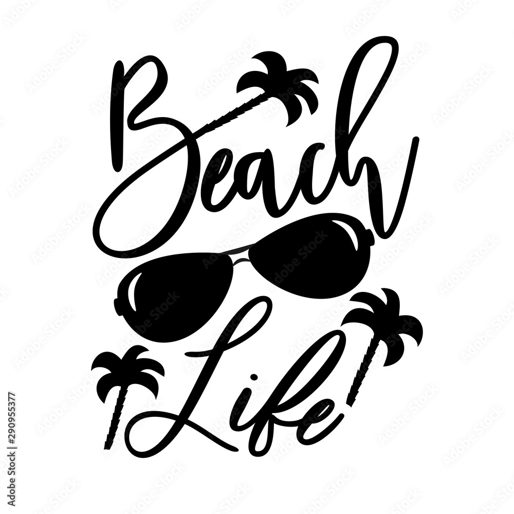 Vetor de Beach life-handwritten text, with sunglasses and palm trees ...