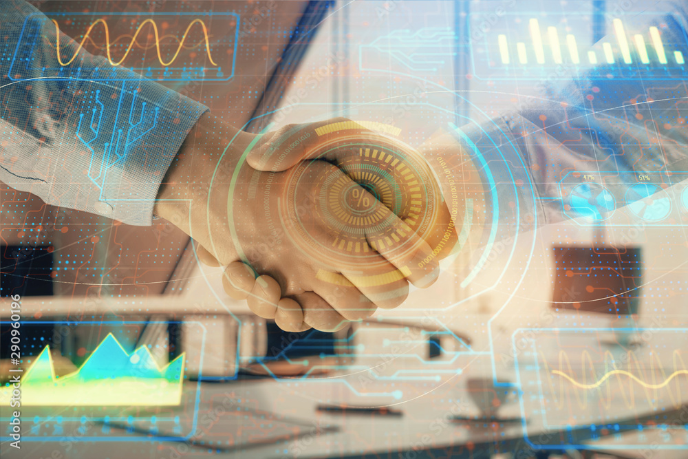 Multi exposure of tech theme hologram on office background with two men ...