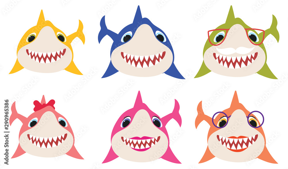 Set of cartoon shark family. Collection of stylized sharks for children ...
