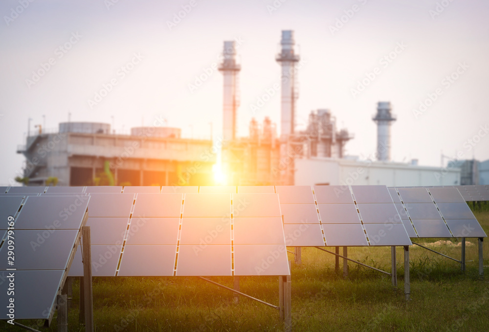 Solar panels and Electric power plant by gas background. Stock Photo ...