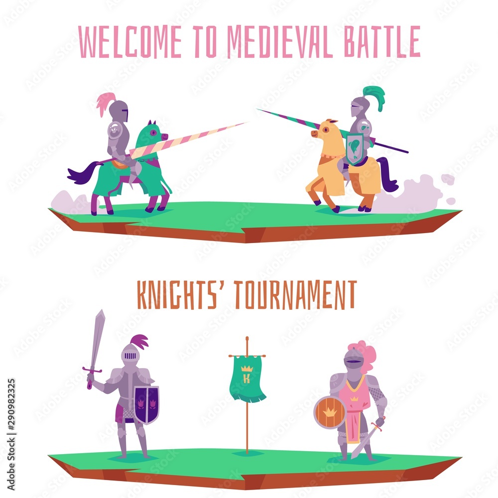 Welcome to medieval battle - cartoon knight tournament banner set Stock ...