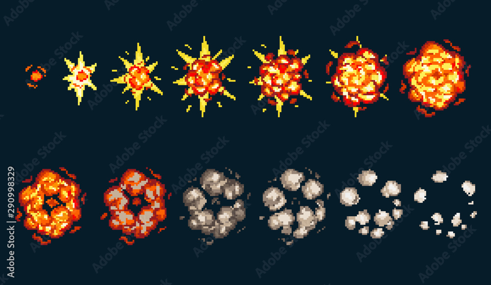 Pixel art explosion. Game icons set. Comic boom flame effects for ...