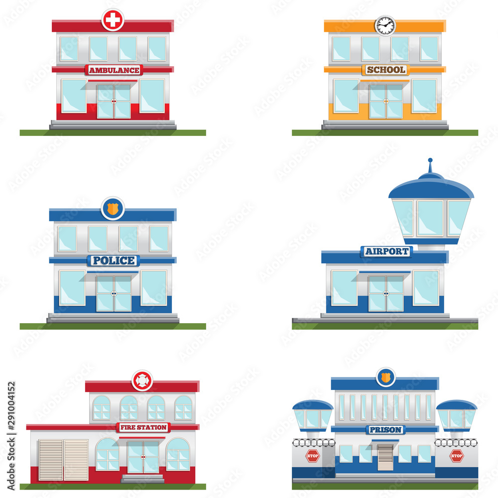 Buildings of different services. Front view. Vector illustration ...