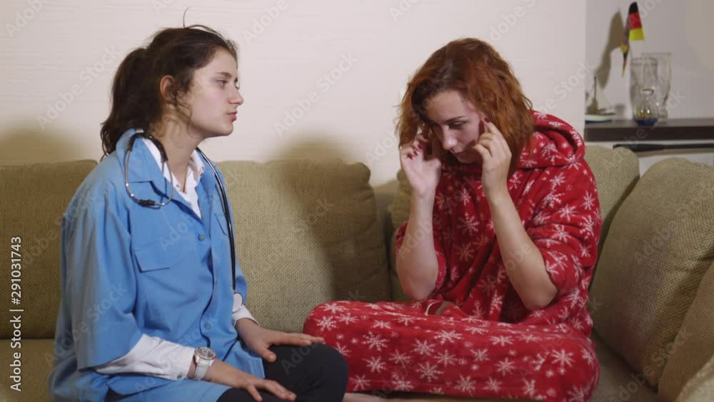 Ill patient with flu called young doctor for examination and checkup ...