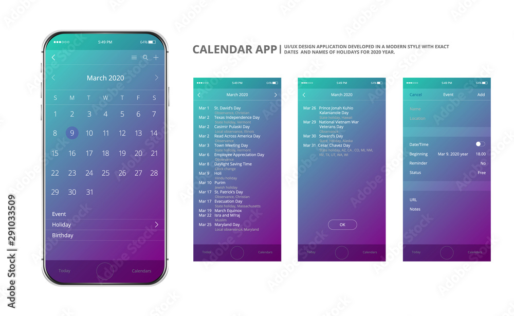 User interface design. Mobile calendar app. Phone app calendar 2020 ...