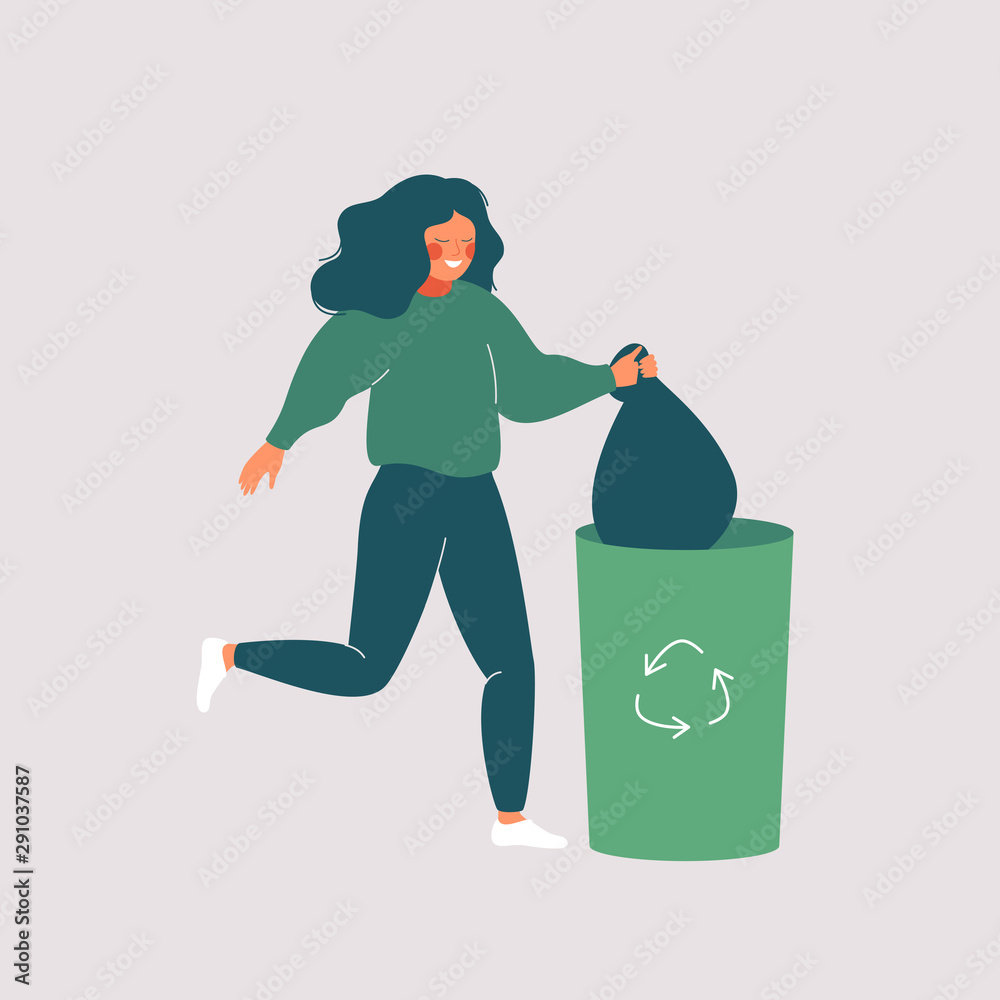 Happy woman throws away trash into green trash bin with recycling ...