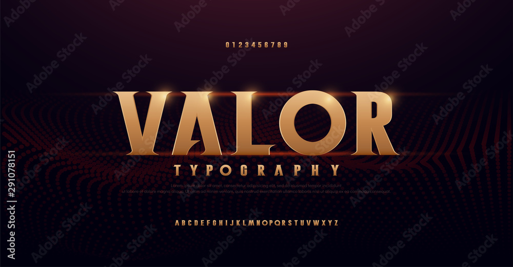 Abstract serif gold alphabet fonts. Typography modern golden for rock ...