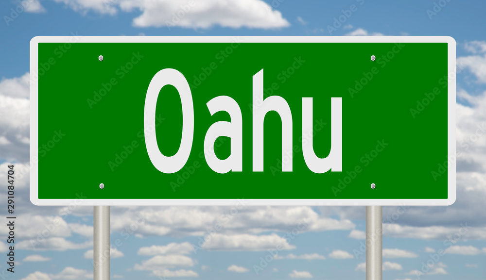 Rendering of a green road sign for the Hawaiian island of Oahu Stock ...