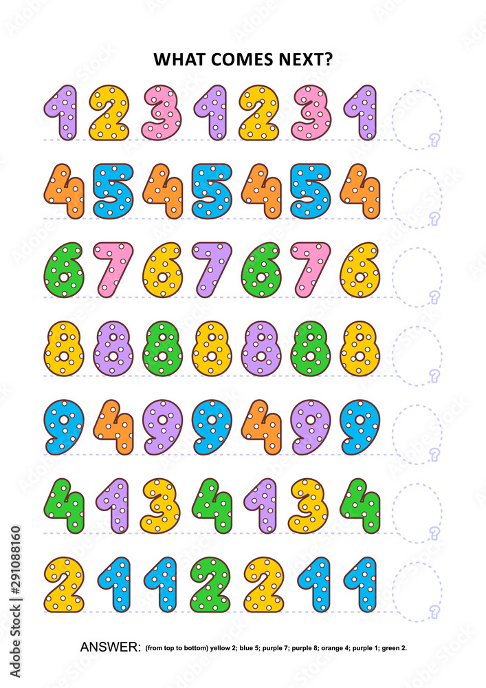 Basic skills practice logic game with colorful polka-dot numbers ...