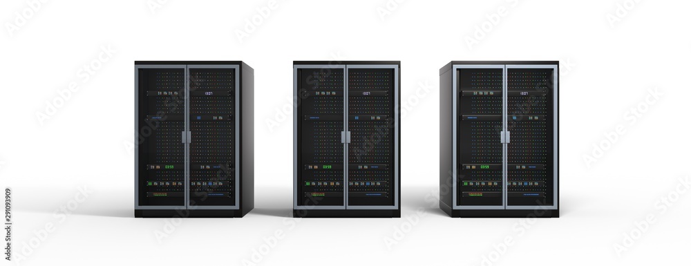 Modern server rack. Server rack image. Isolated on white background. 3d ...