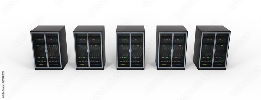 Modern server rack. Server rack image. Isolated on white background. 3d ...