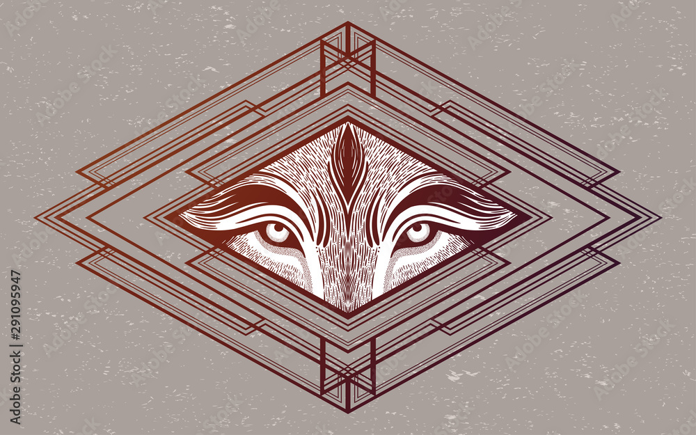 Wolf eyes in geometric setting.Dreamy magic art. Night, nature, wicca ...
