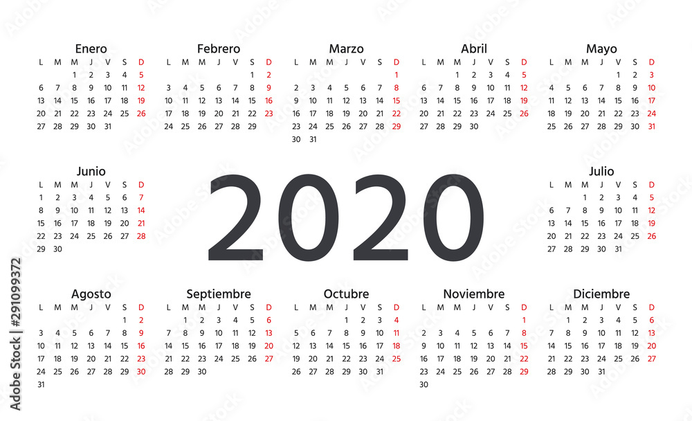 Spanish Calendar 2020 year. Week starts Monday. Vector illustration ...