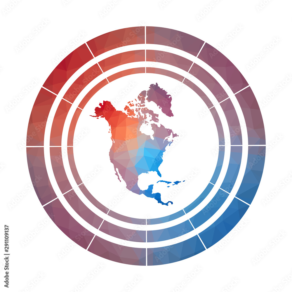 North America badge. Bright gradient logo of continent in low poly ...