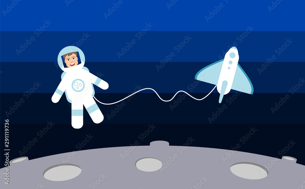 Male astronaut floats in space around the space shuttle. Smiling man in ...