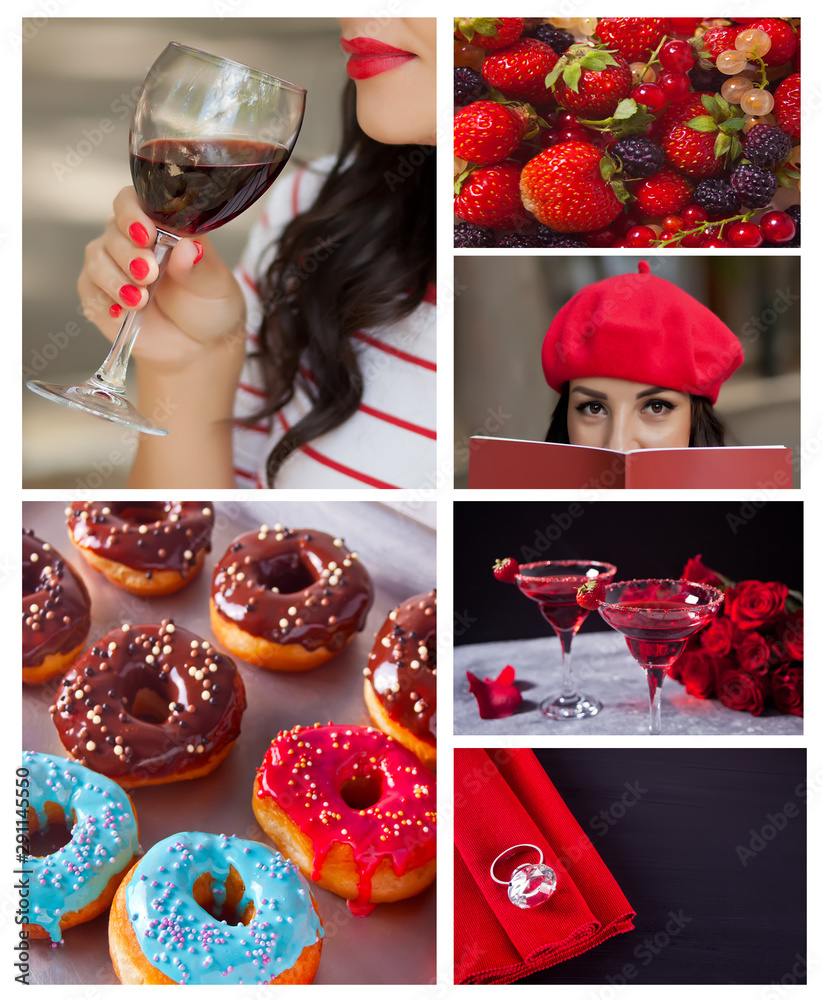 Collage made of six photos in red colors. Beautiful brunette woman ...