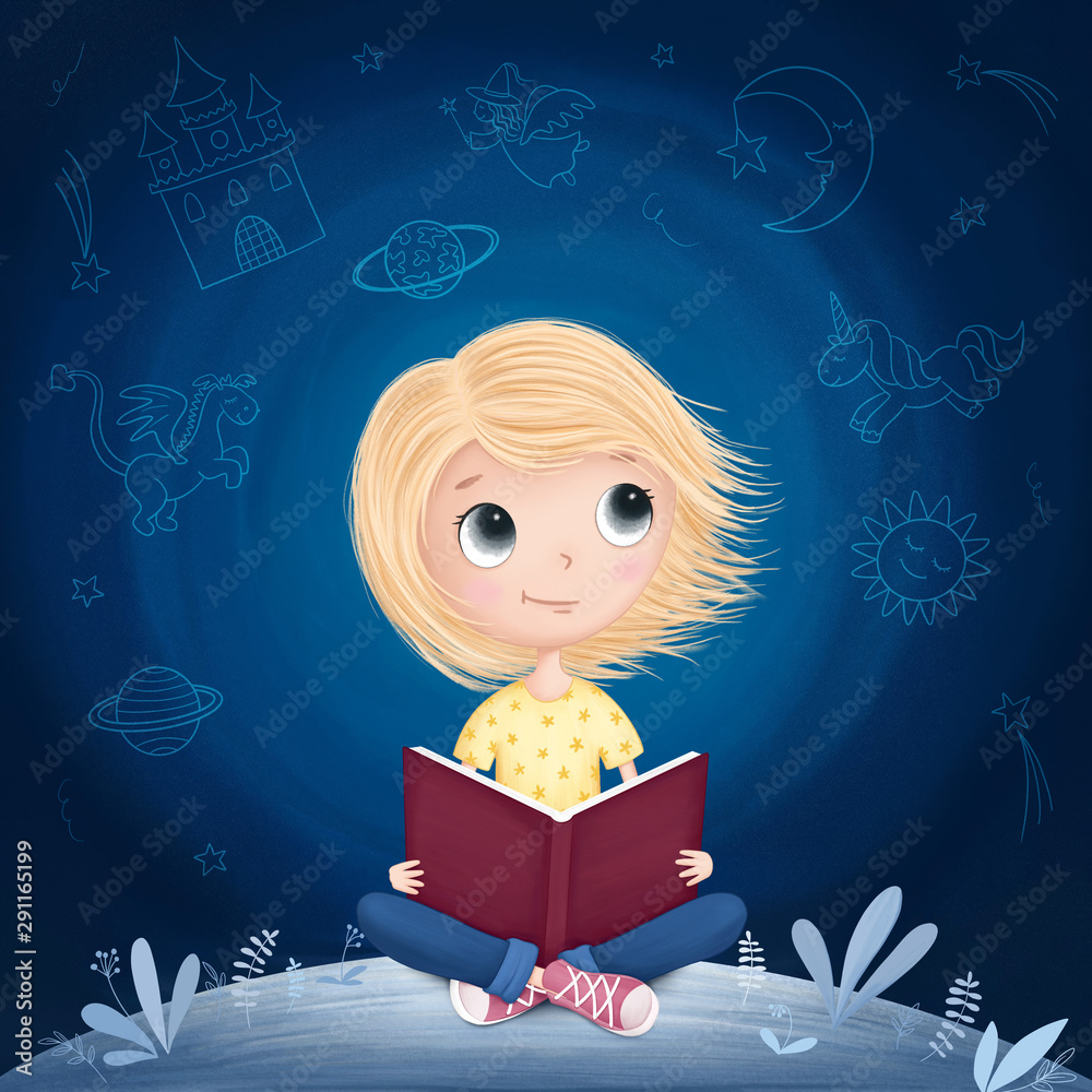 Little girl reading a book and dreaming Stock Illustration | Adobe Stock