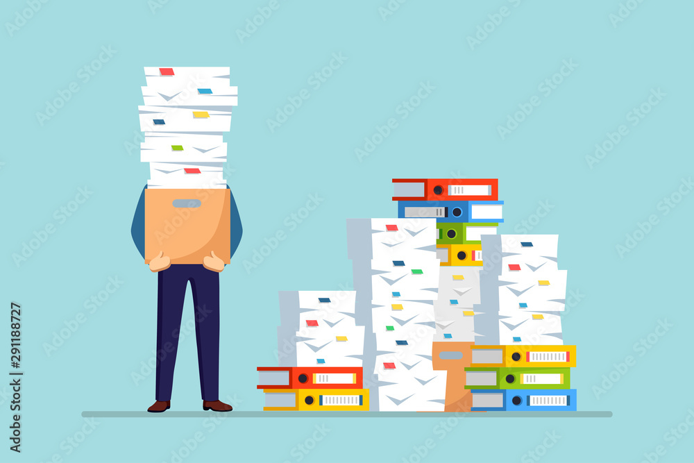 Pile of paper, busy businessman with stack of documents in carton ...