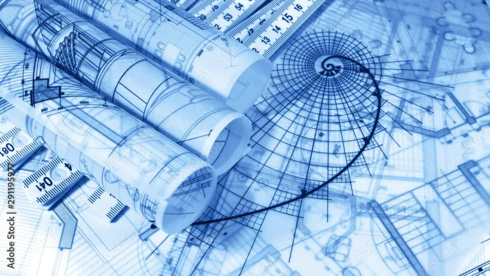 Blueprints - architectural drawings, yardstick - folding ruler and ...