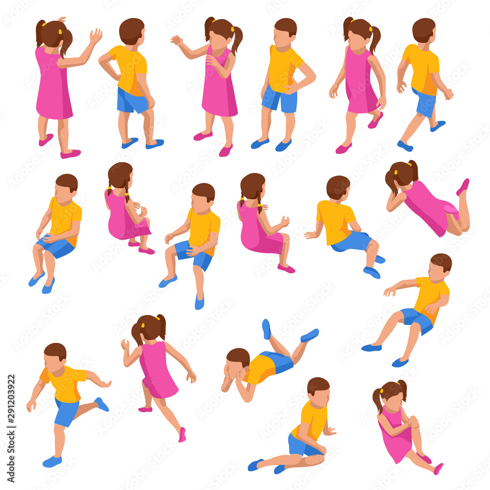 Isometric set of girl and boy in different poses stands, runs, sits ...