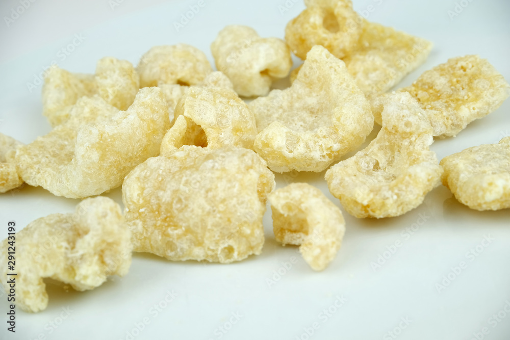 Crispy Pork rinds also known as chicharrones, snack and appetizer Stock ...