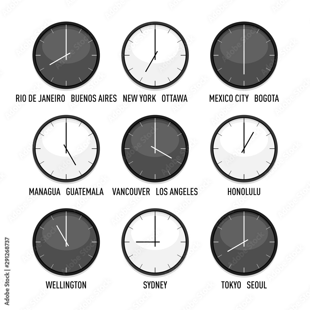 Set of clocks for every timezone vector icon set. 9 time zones for ...
