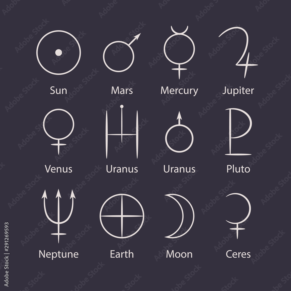 Alchemical signs of the planets. Pictograms of planets. Astronomy ...