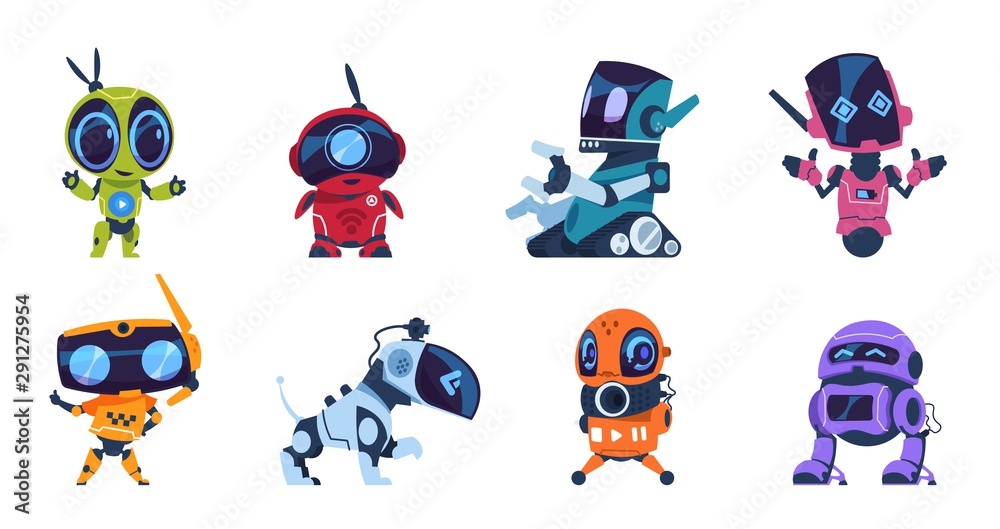 Futuristic robots. Cartoon modern AI characters of different types, set ...