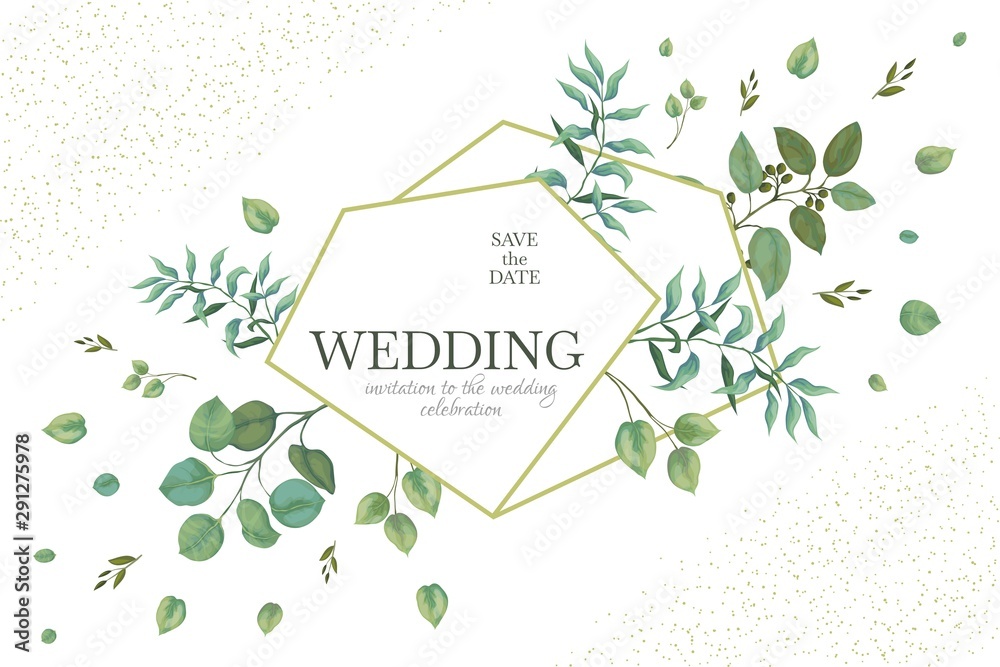 Wedding greenery frame. Invitation card template design with rustic ...