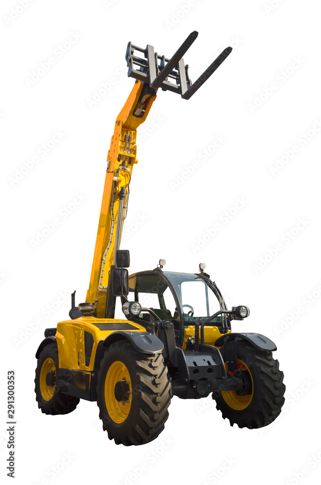 A telescopic handler, also called a telehandler isolated on a white ...