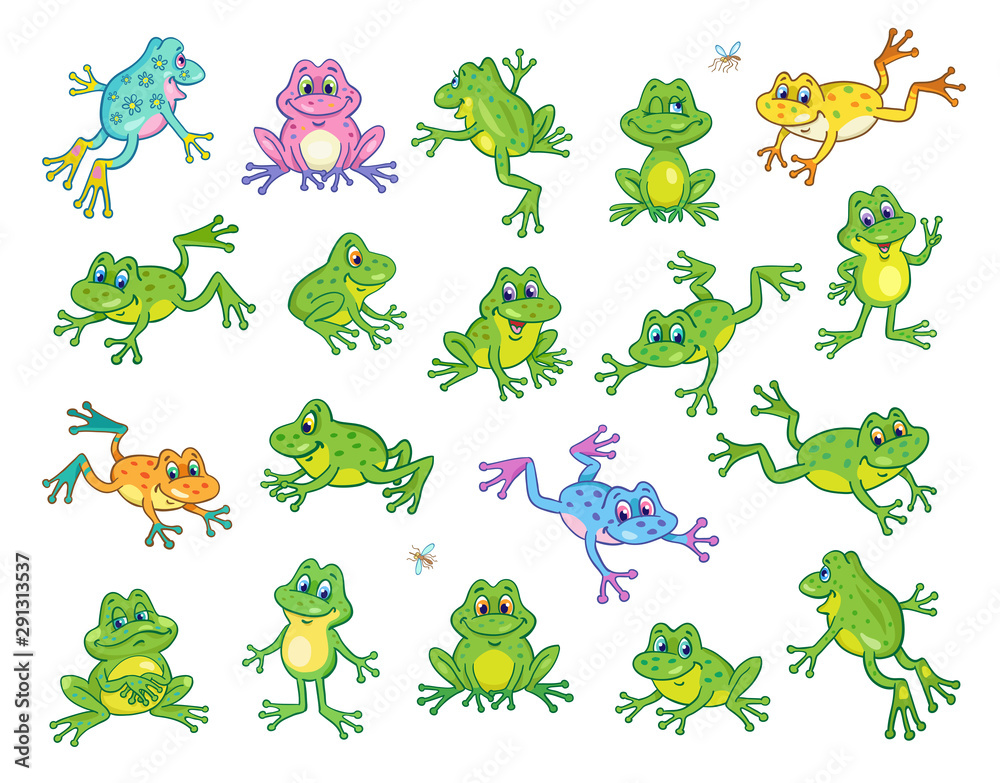 A large set of funny frogs in various colors and poses. In cartoon ...