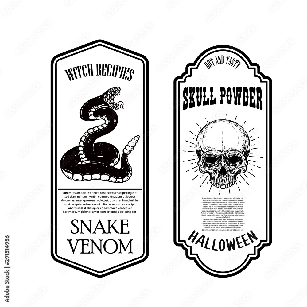 Halloween snake poison. Skull powder. Bottle label template. Design ...