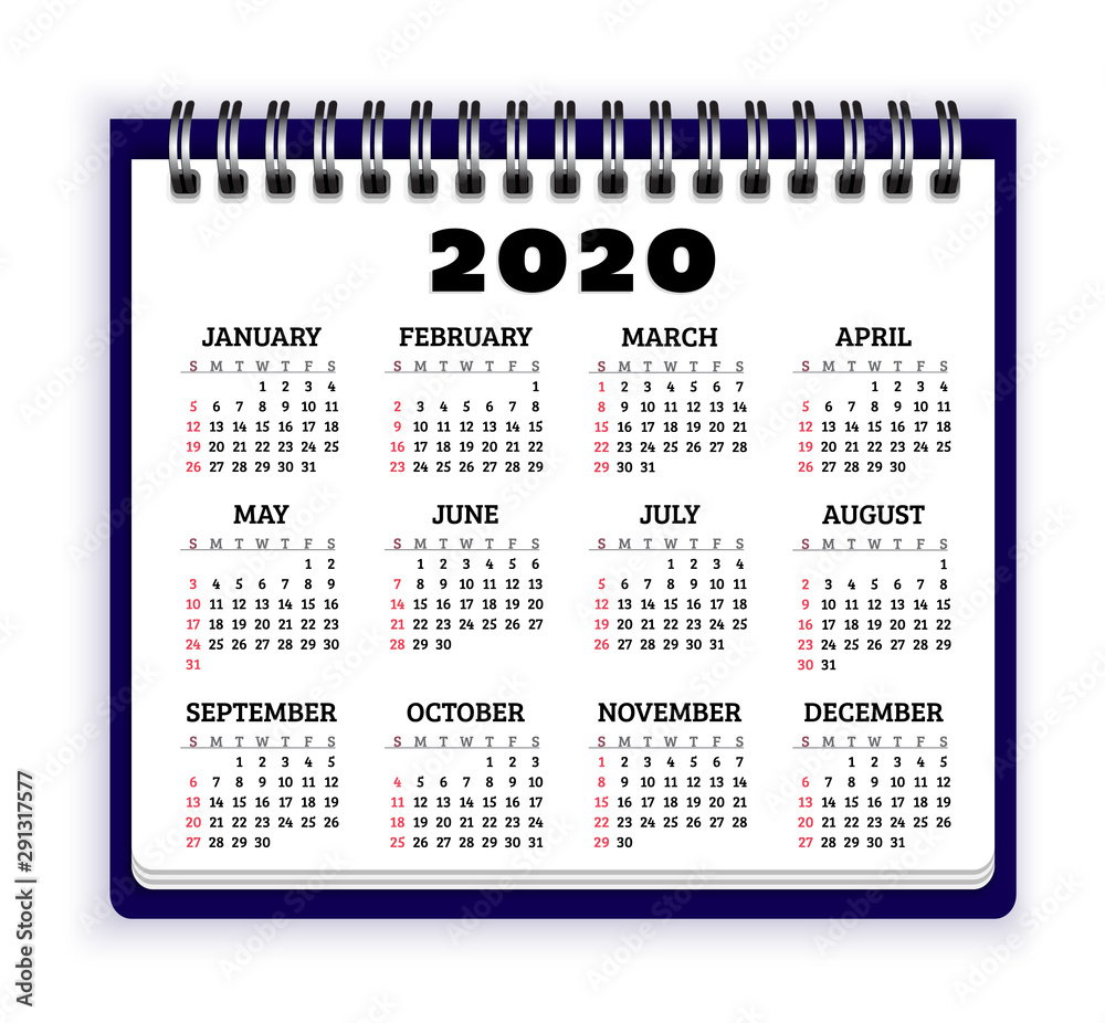 Notebook paper with calendar for 2020 year. Week starts from sunday ...