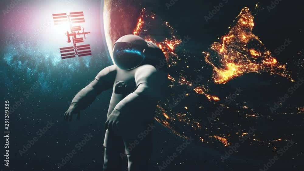 3d animation astronaut in spacesuit flies at Earth illuminated ...