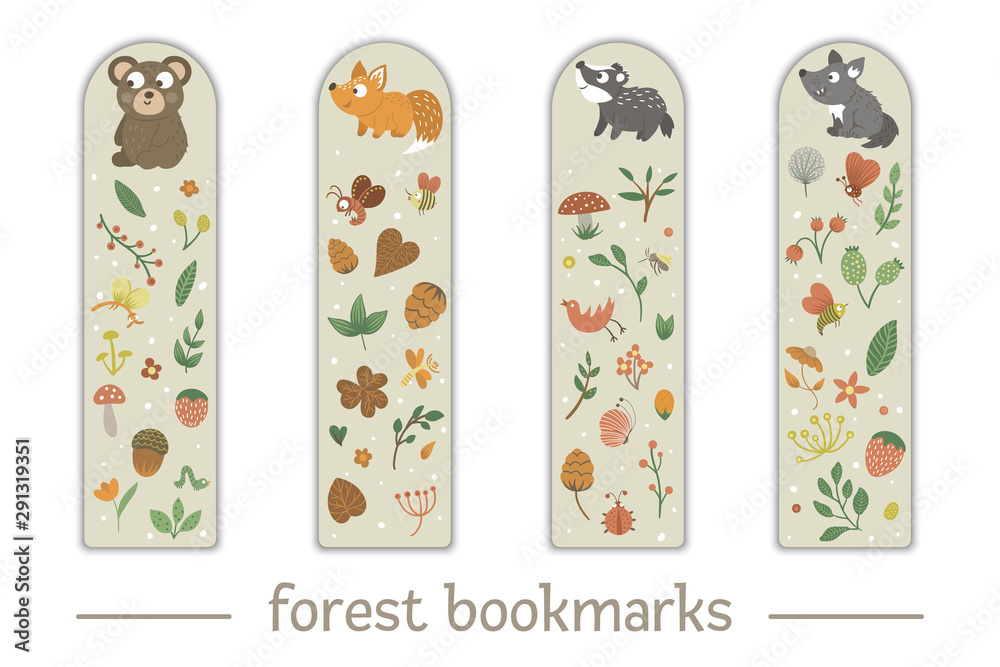 Vector set of bookmarks for children with woodland animals theme. Cute ...