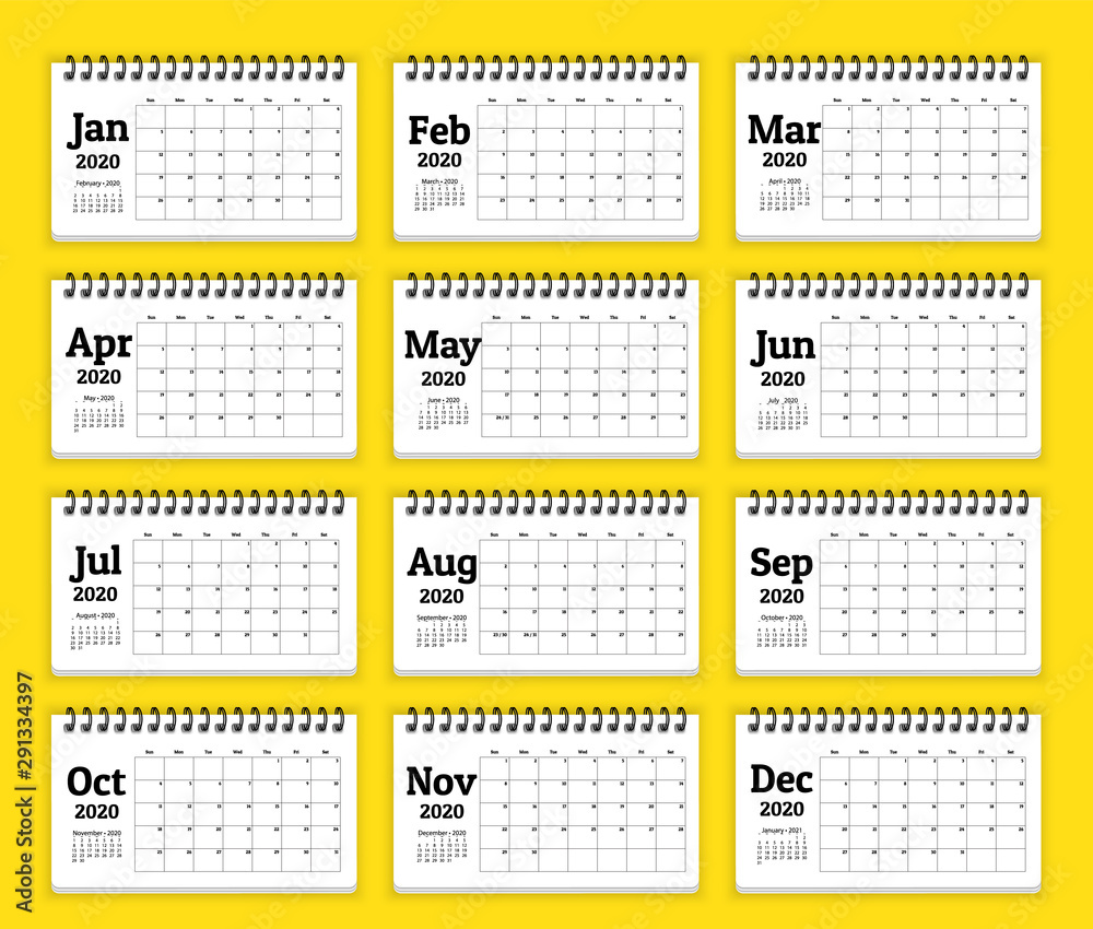 Calendar 2020 planner template. Set of 12 Months. Week starts from ...