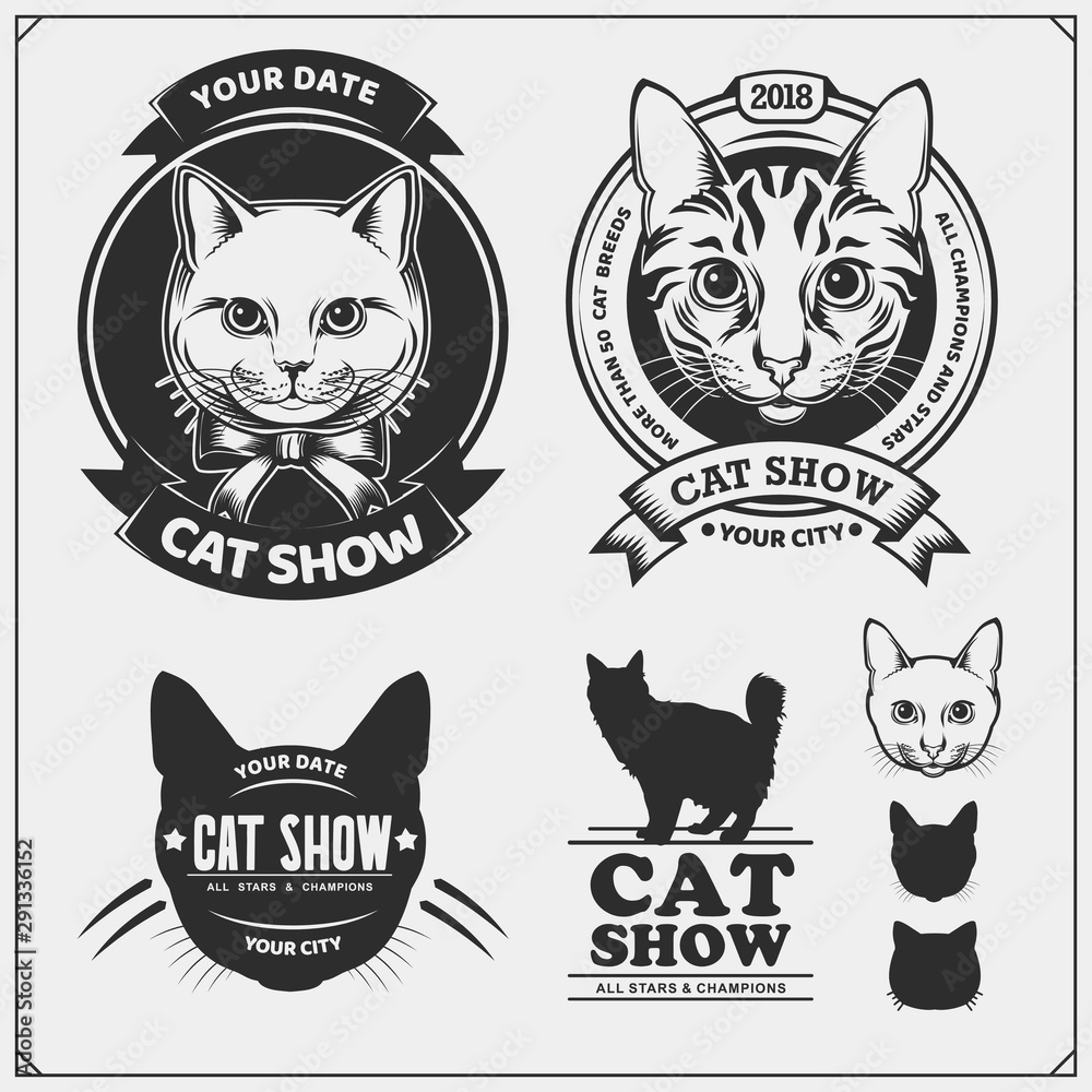 Cat Show emblems, labels, badges and design elements. Cute friendly ...