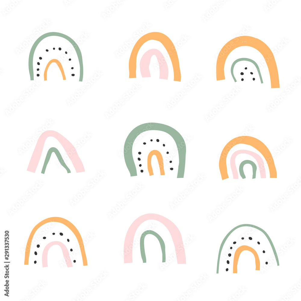 Collection of hand drawn rainbow element illustration in scandinavian ...