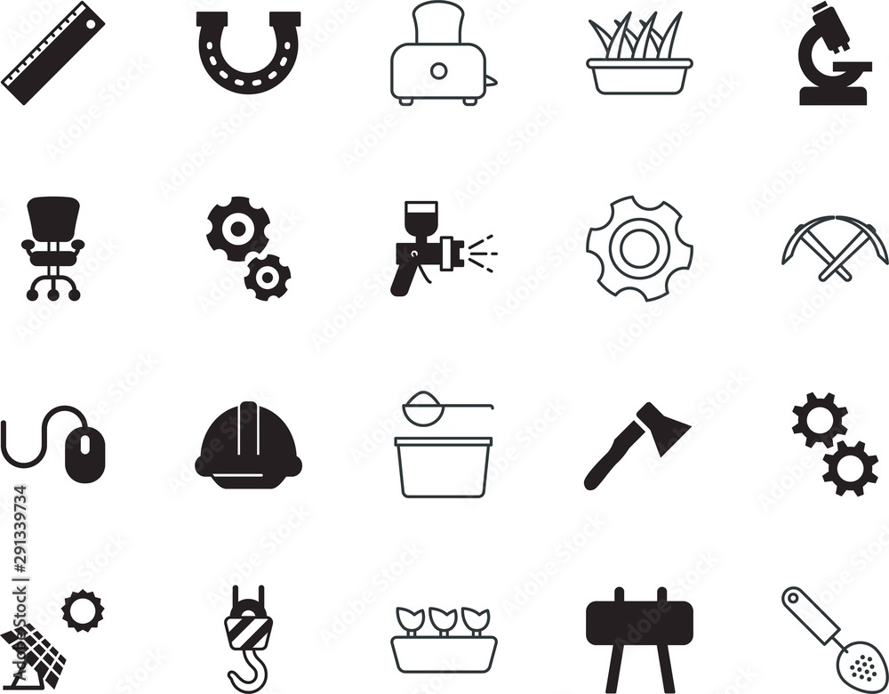equipment vector icon set such as: gym, laboratory, fabrication ...