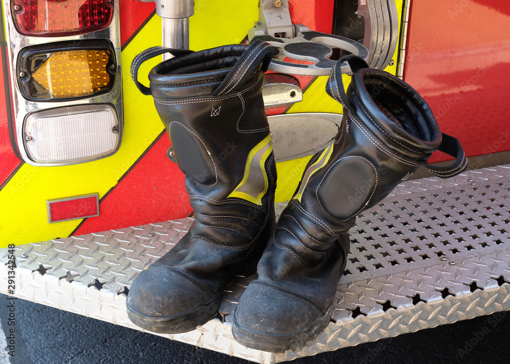 Fireman boots airing out after an emergency call on the back ramp of a ...