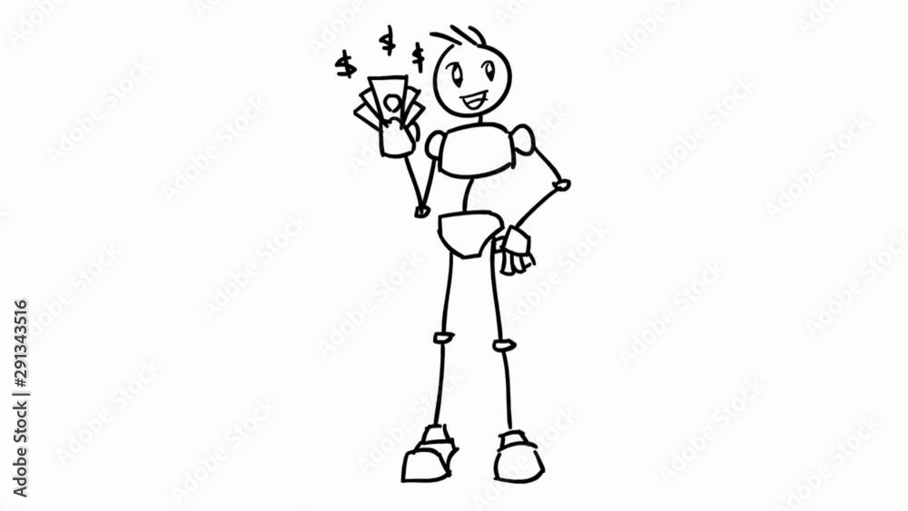 Happy Man showing Money Stickman line drawing illustration animation ...