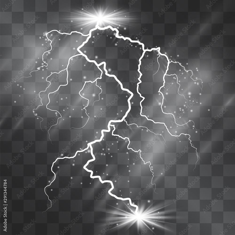 Lightning vector silver white light effect. Decorative glowing hitting ...