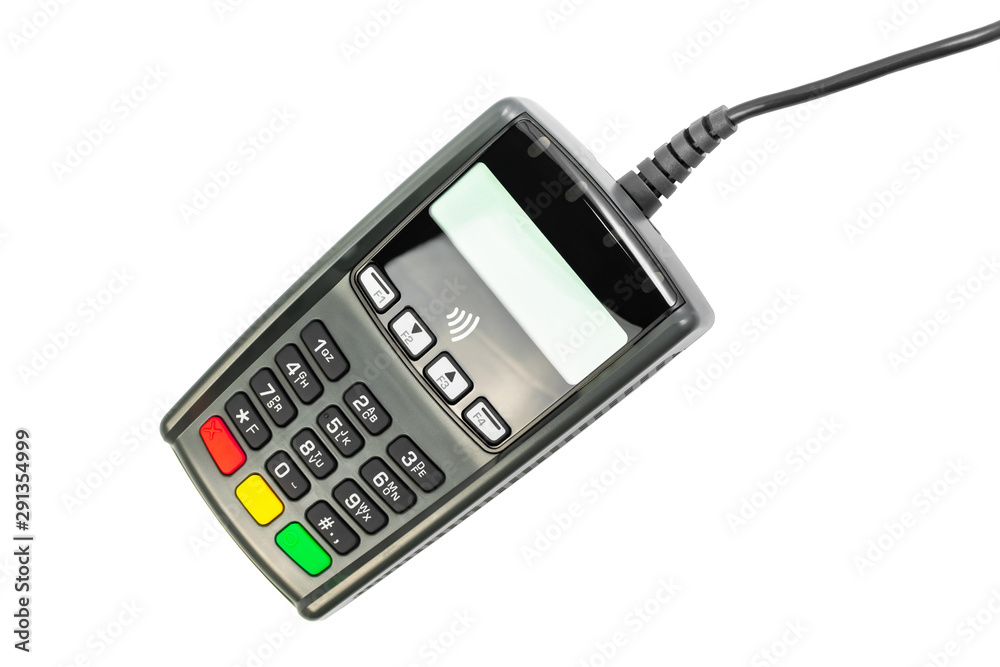 Credit card POS terminal gray with wire isolated on white background. A ...