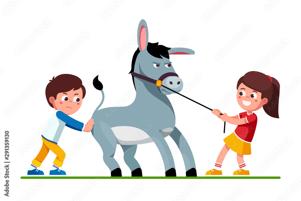 Girl pulling donkey on reins and boy pushing it Stock Vector | Adobe Stock