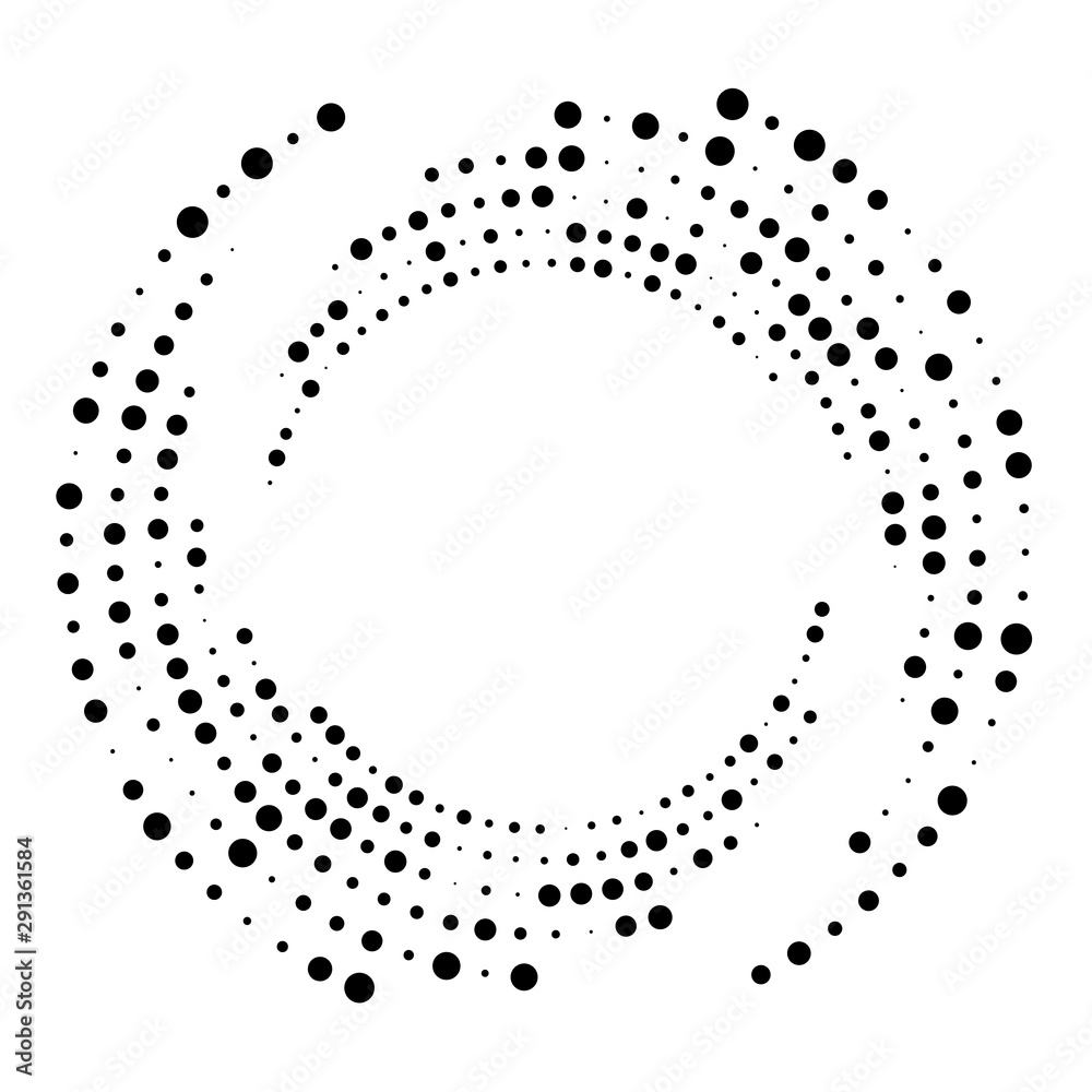 Random dotted, dots, halftone speckles concentric circle.Spiral, swirl ...