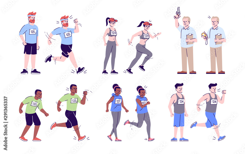 Marathon flat vector illustrations set. Start, finish of endurance ...