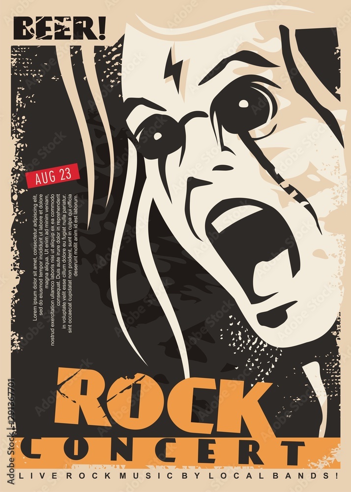 Rock concert poster design template with mad singer portrait. Man ...