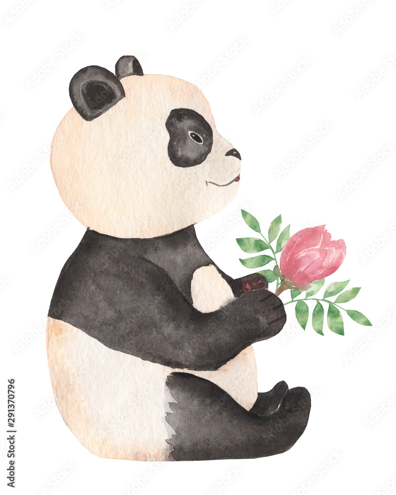 Cute Panda bear clipart, watercolor wild animal illustration, Bamboo ...