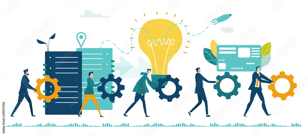 Team of people walking with gears as symbol of doing business together ...